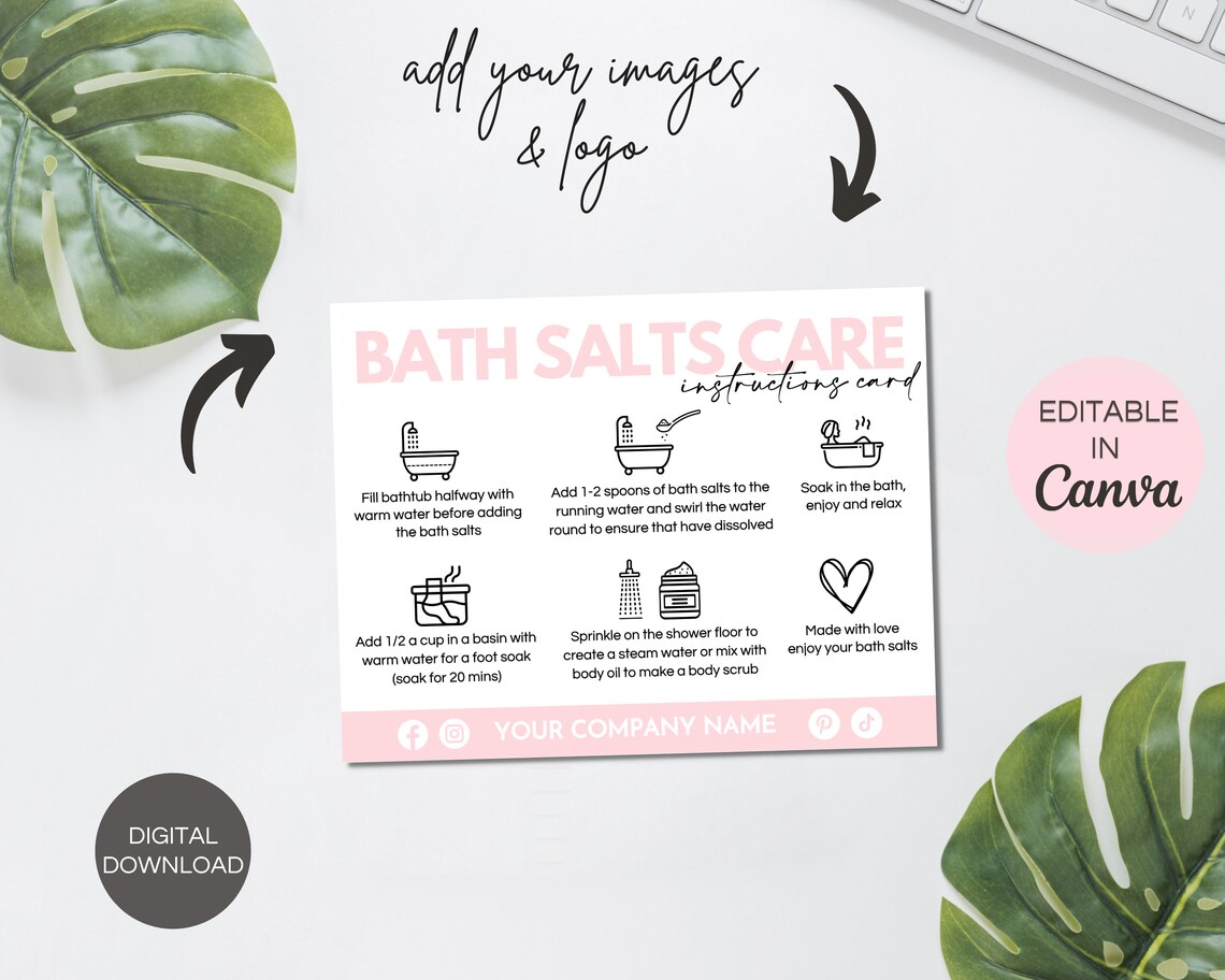 Bath Salts Care Card, Printable Bath Soak Epsom Salt Instructions Cards ...