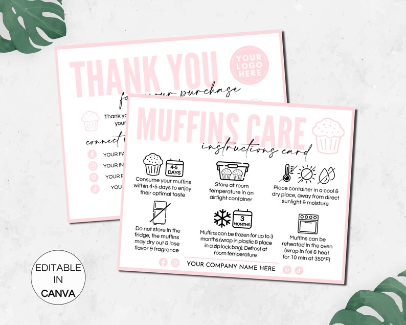 Muffins Care Card, Editable Muffin Instructions Cards, Bakery Business ...