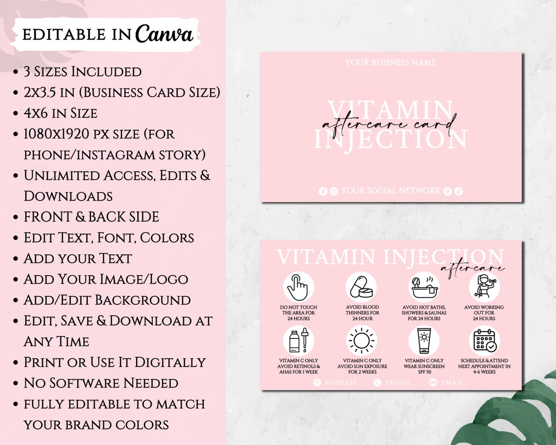 Vitamin Injection Aftercare Card, Printable Vitamin C B12 Injections ...
