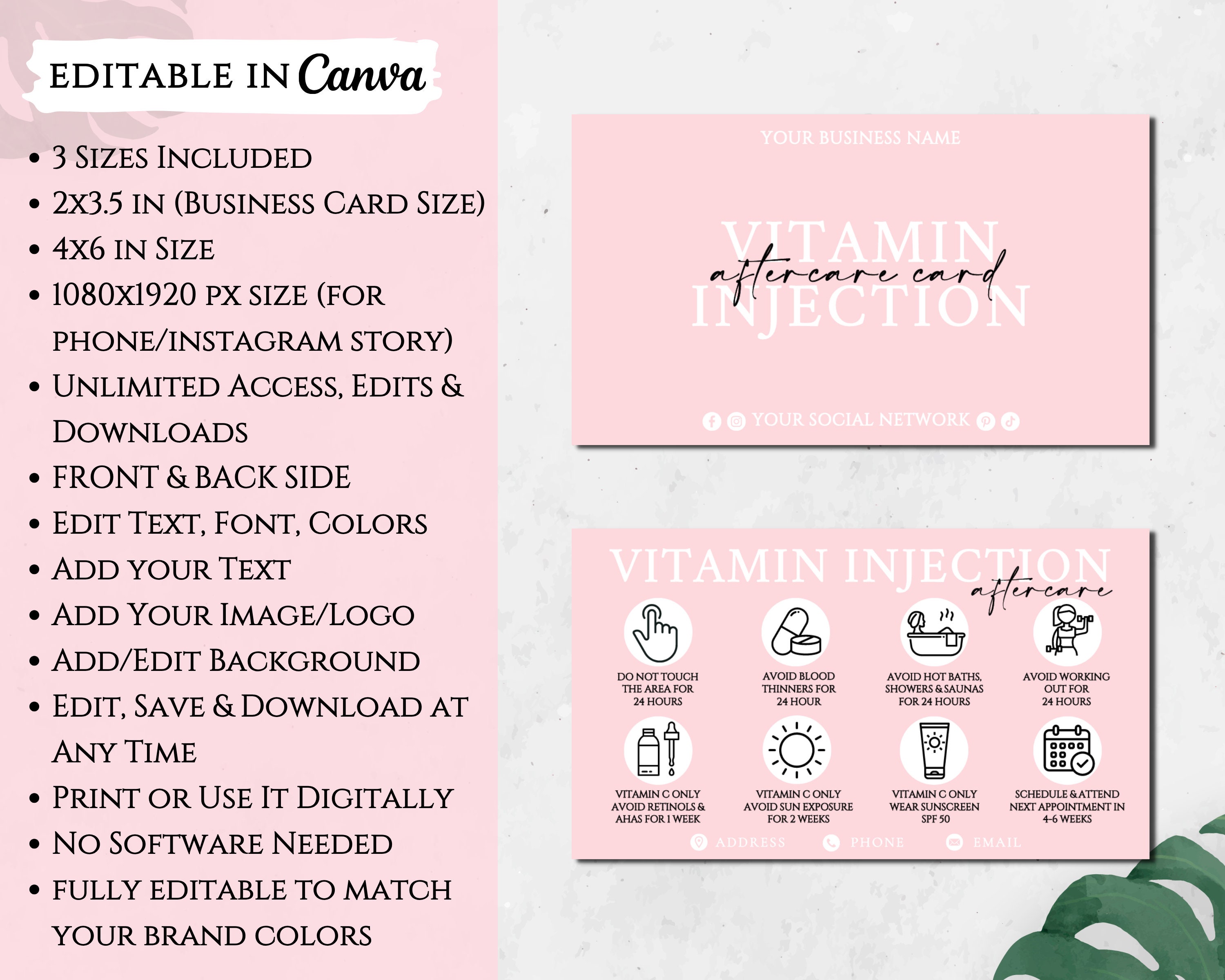 Vitamin Injection Aftercare Cards, Editable Vitamin C D3 B12 Injection ...