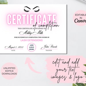 Lash Certificate of Completion Template Editable Makeup - Etsy