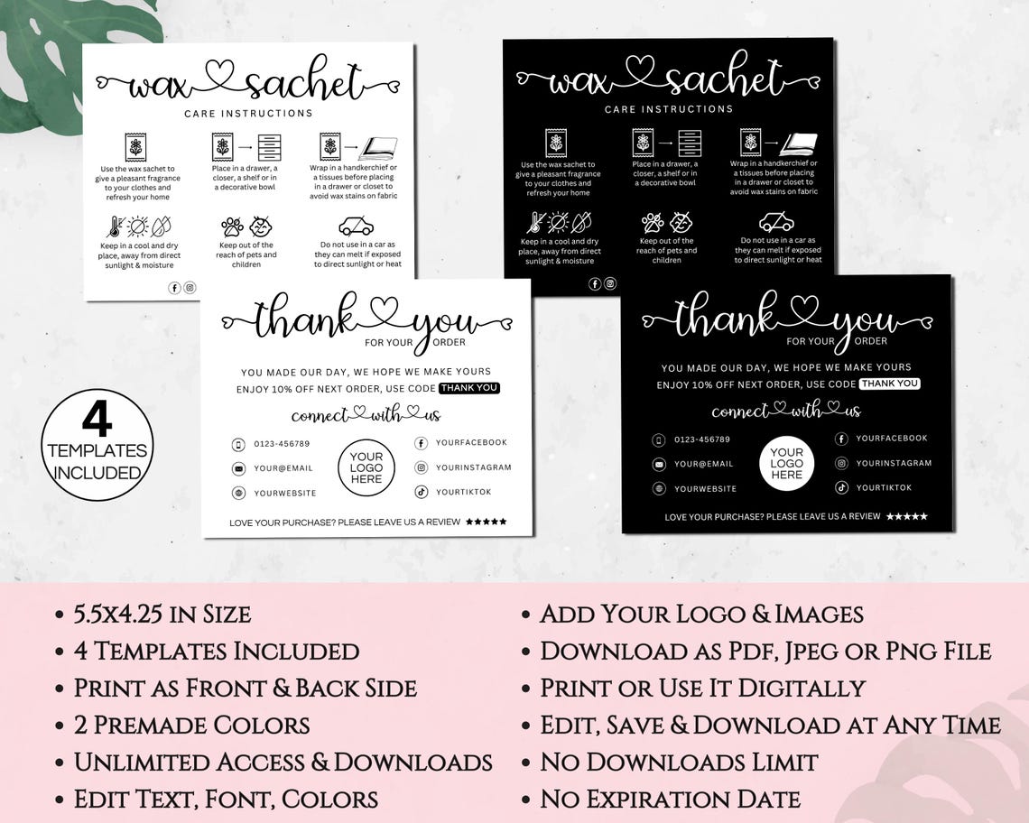 Wax Sachet Care Card, Printable Wax Air Freshener Instructions Cards ...