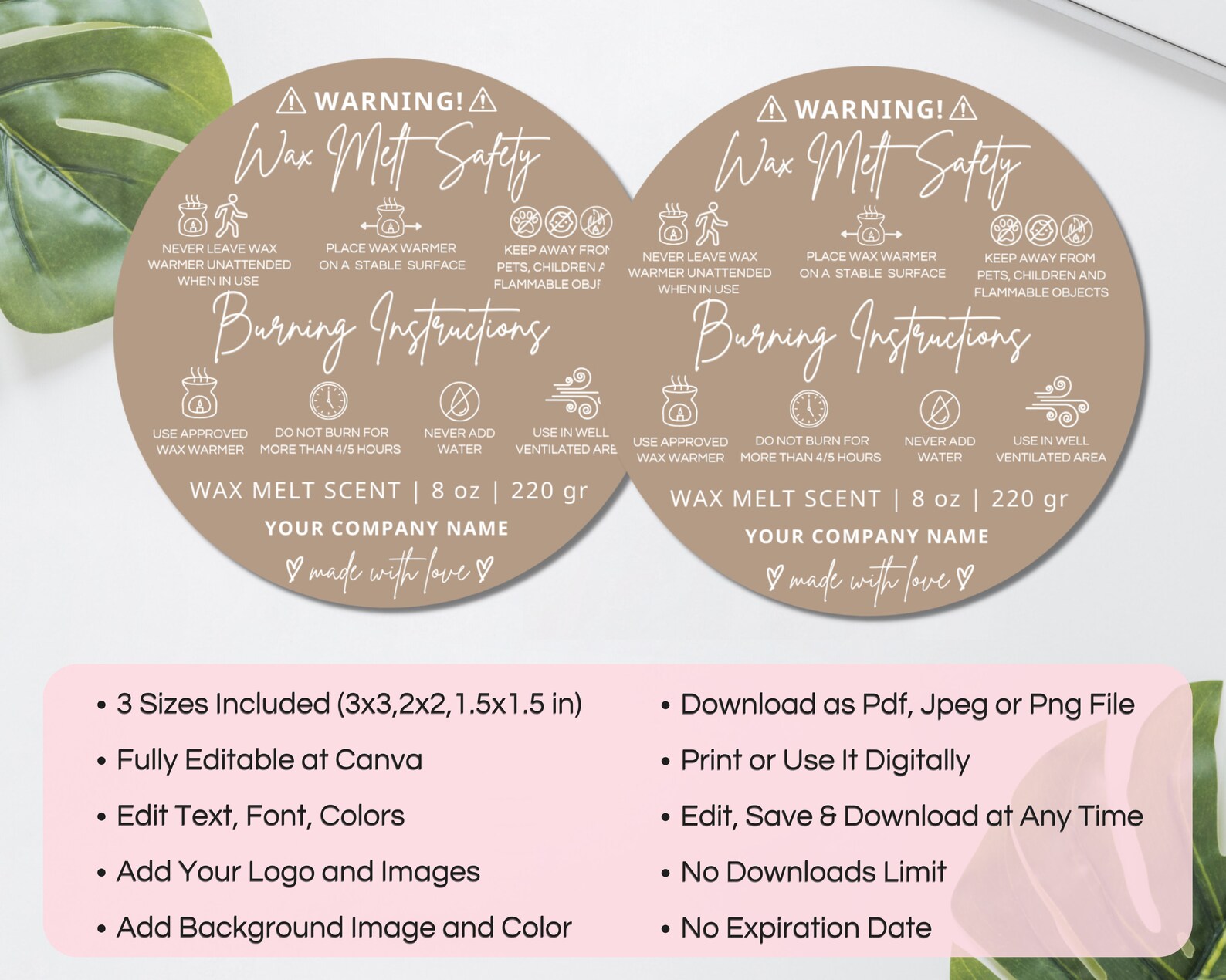 Editable Wax Melt Warning Label Canva Template, Printable Wax Safety ...