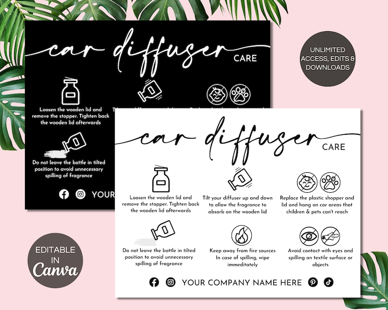 Car Diffuser Care Card, Printable Diffuser Instructions Cards, Editable ...