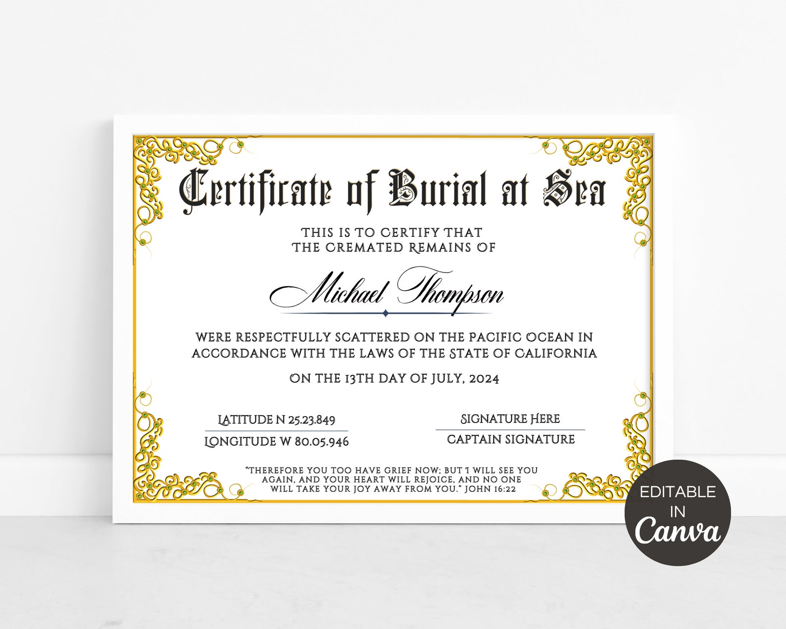 Editable Certificate of Burial at Sea Template, Printable Sea ...