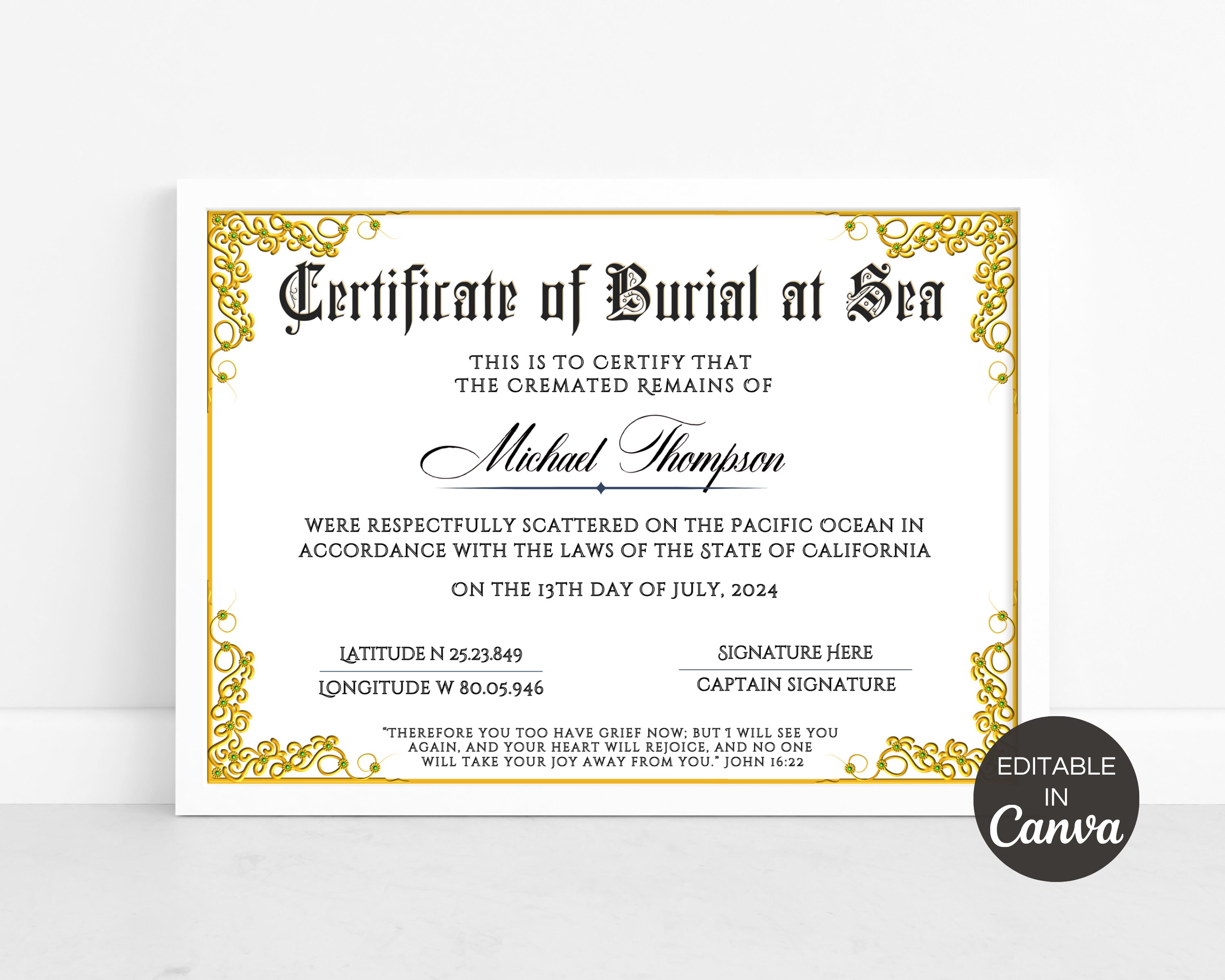 Editable Certificate of Burial at Sea Template, Printable Sea ...