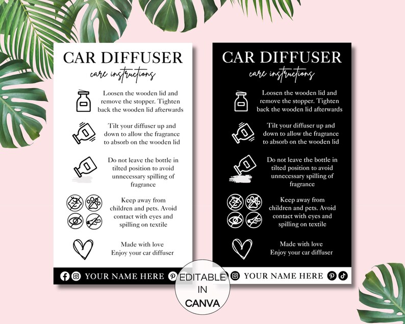 Car Diffuser Care Card Template: Editable Small Business Guide ...