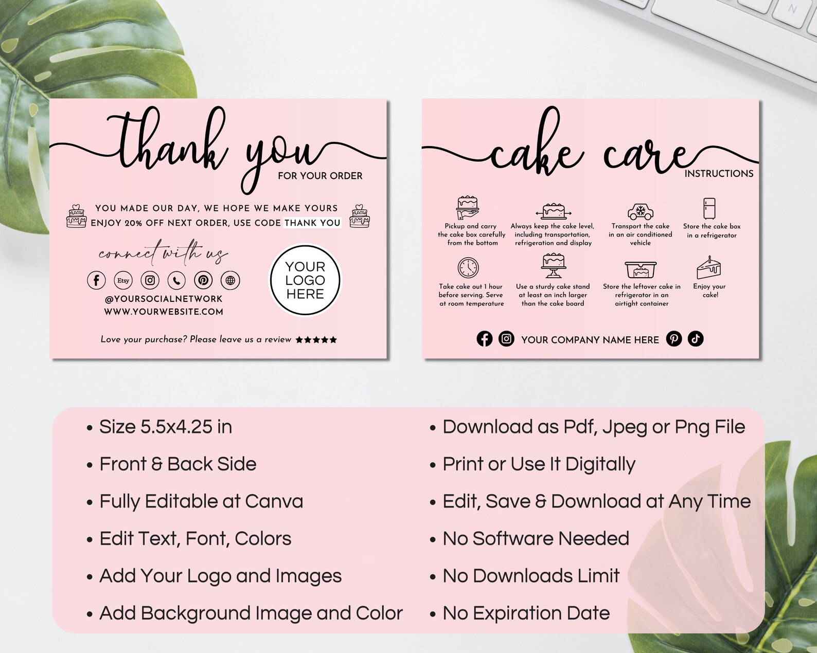 Editable Cake Care Card, Bakery Business Thank You Cards Template, Edit ...