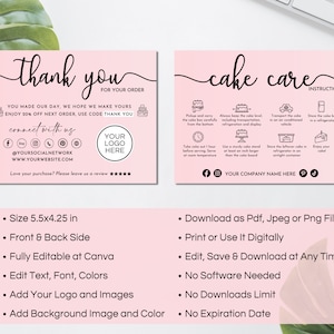 Editable Cake Care Card Template, Cake Small Business Thank You Cards ...