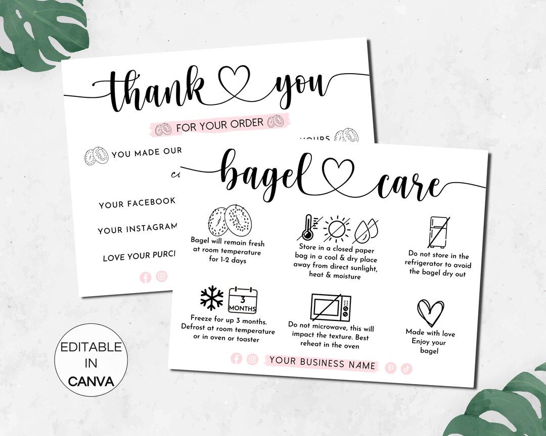 Bagel Care Card Template, Editable Bagel Care Instructions, Printable ...