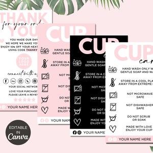 Cup Care Card Template, Editable Cup Care Cards, Printable Tumbler Care ...