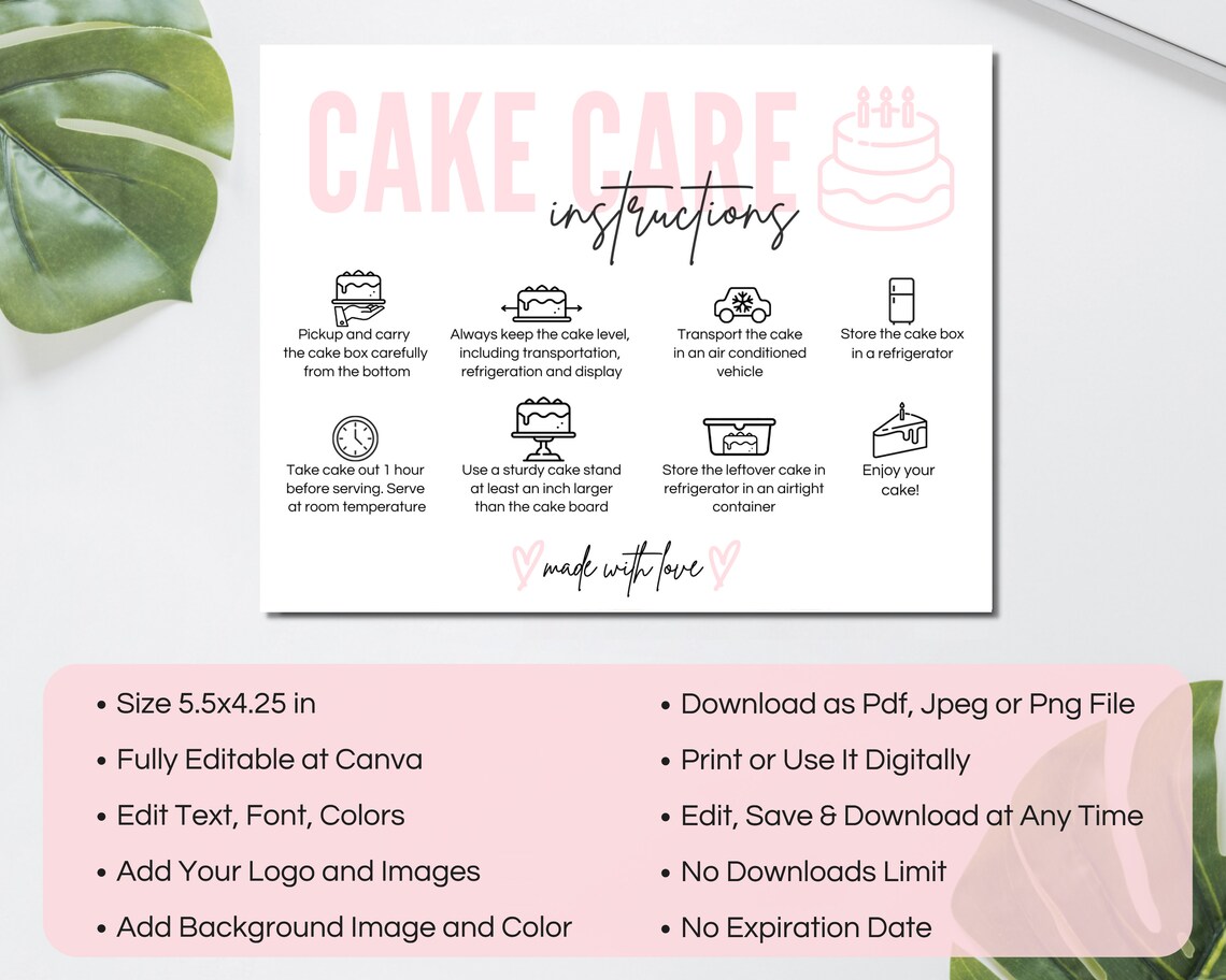 Cake Care Card, Printable Wedding Cake Instructions Cards, Editable ...