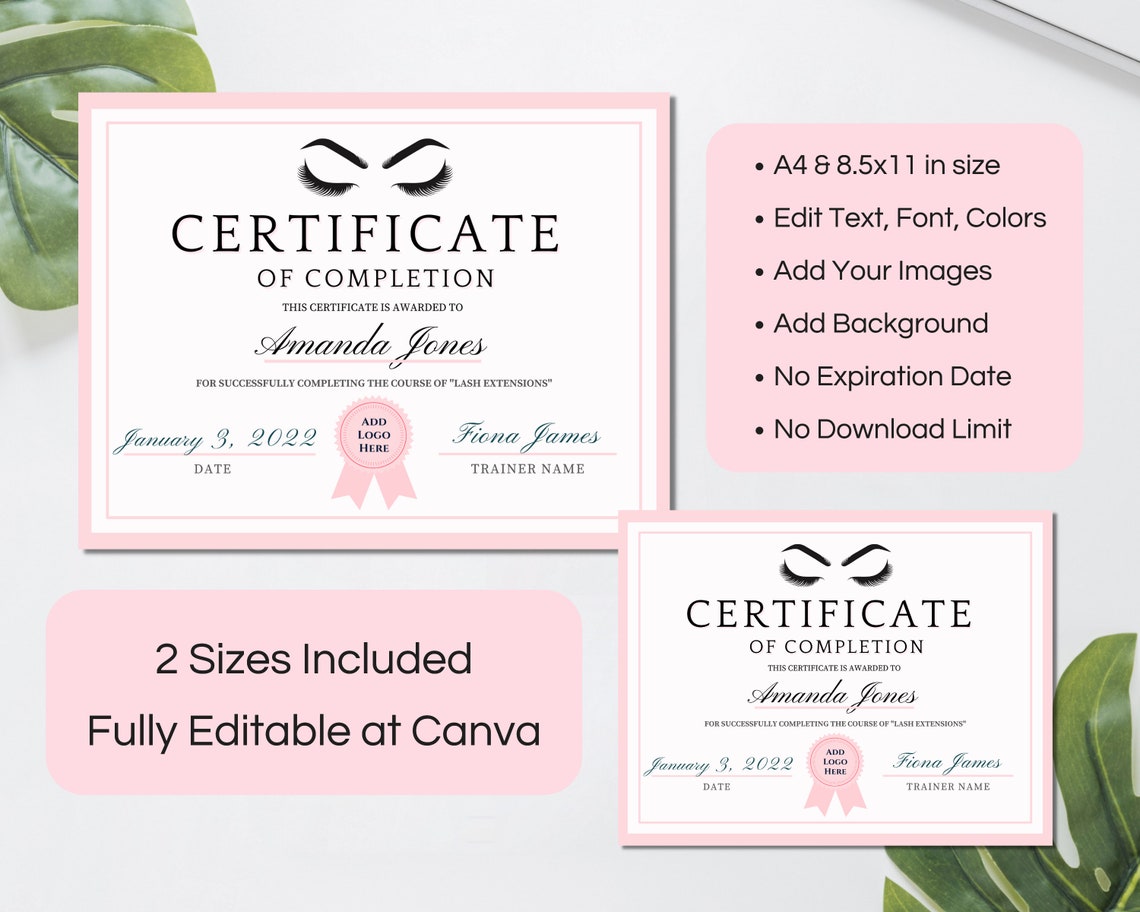 Editable Lash Certificate of Completion Template, Printable Lash ...