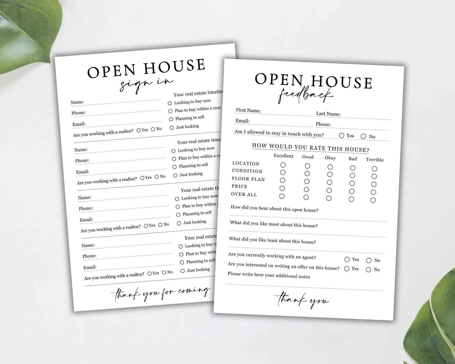 Open House Feedback and Sign in Form Bundle, Printable Realtor Forms ...
