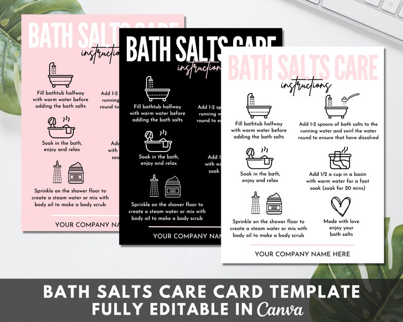 Bath Salts Care Card, Printable Bath Soak Instructions Guide Template ...