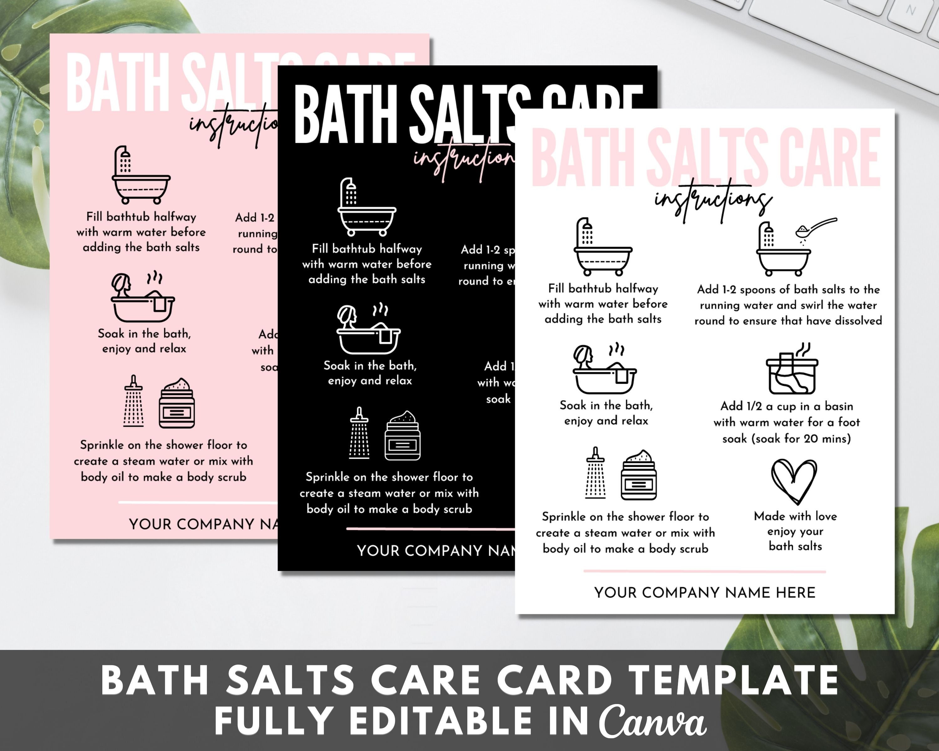 Bath Salts Care Card, Printable Bath Soak Instructions Guide Template ...