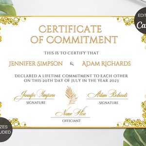 Commitment Certificate Template, Editable Certificate of Commitment, Printable Commitment ...
