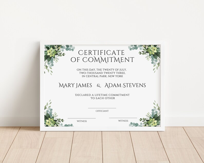 Certificate of Commitment, Printable Greenery Commitment Certificates ...