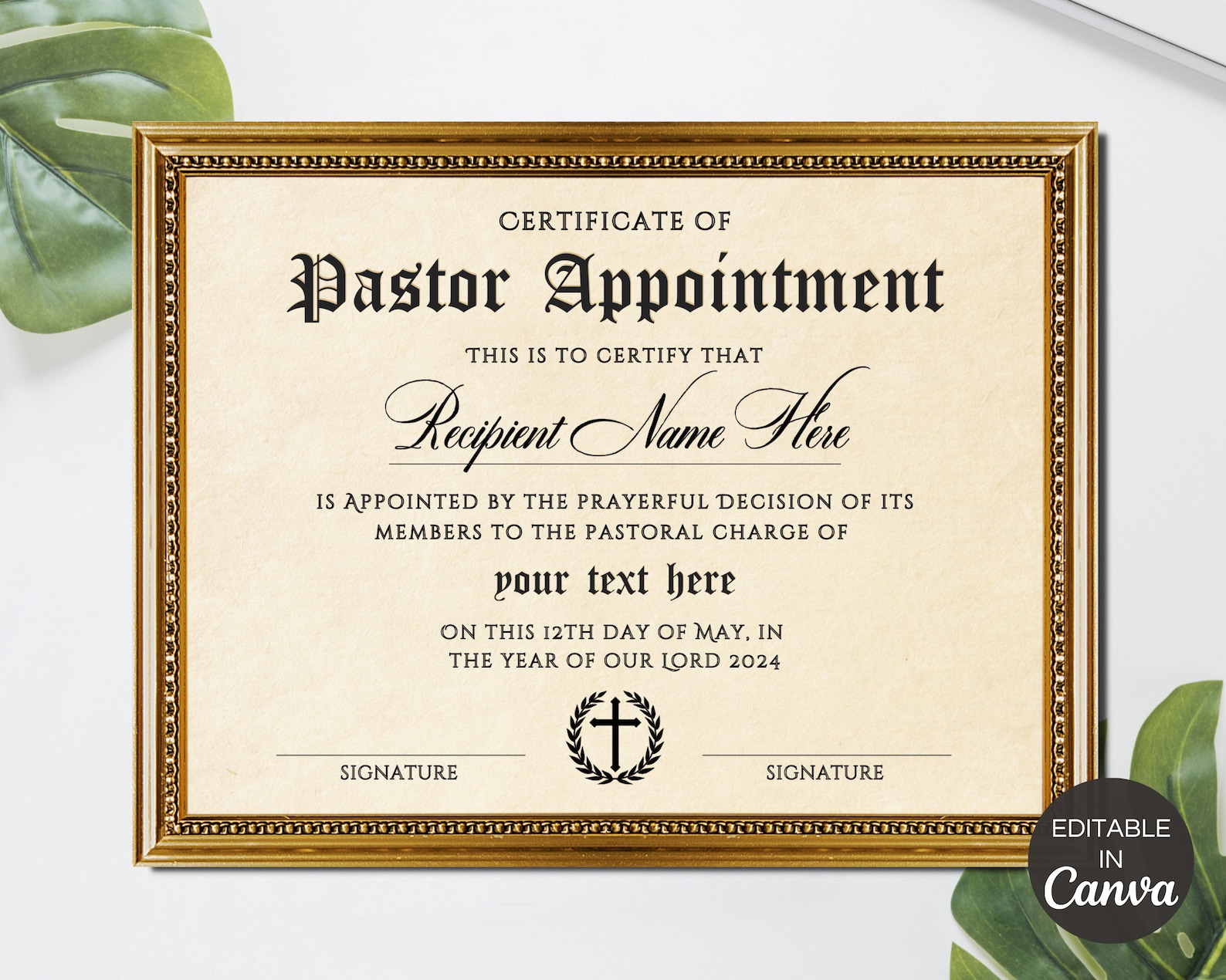 Pastor Appointment Certificate Template, Editable Certificate of ...