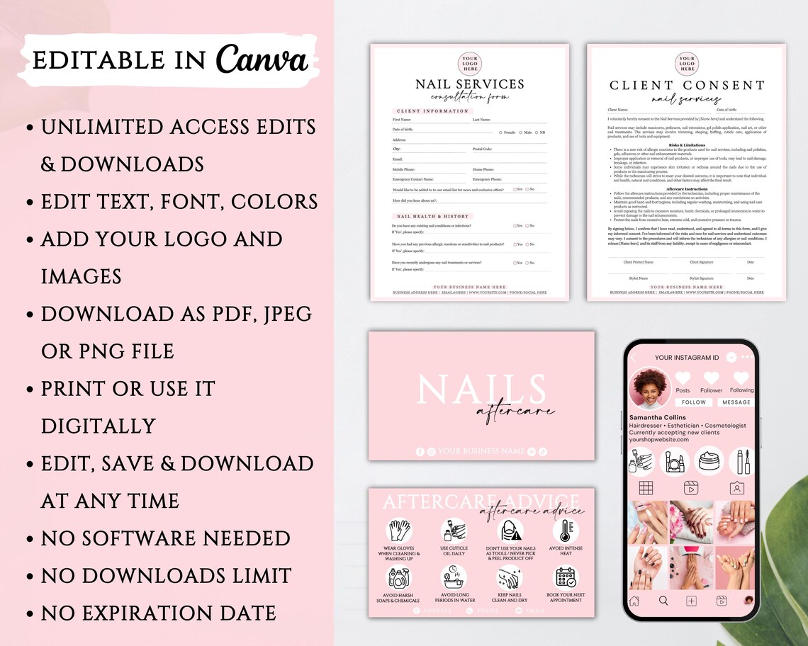 Nail Consent Form, Editable Nails Business Bundle, Nails Aftercare Card ...