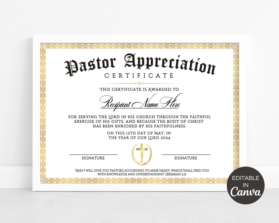 Pastor Appreciation Certificate, Editable Pastor Certificate of ...