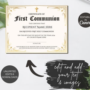 First Communion Certificate Template, Editable First Holy Communion ...