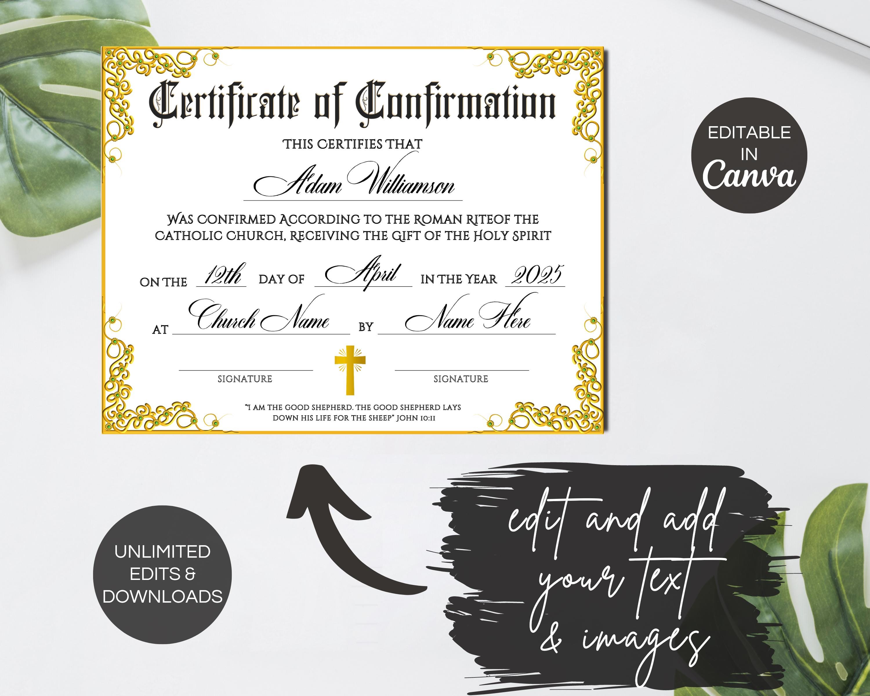 Editable Certificate of Confirmation, Religious Catholic Confirmation ...