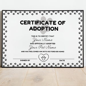Pet Adoption Certificate Template, Editable Certificate of Adoption ...