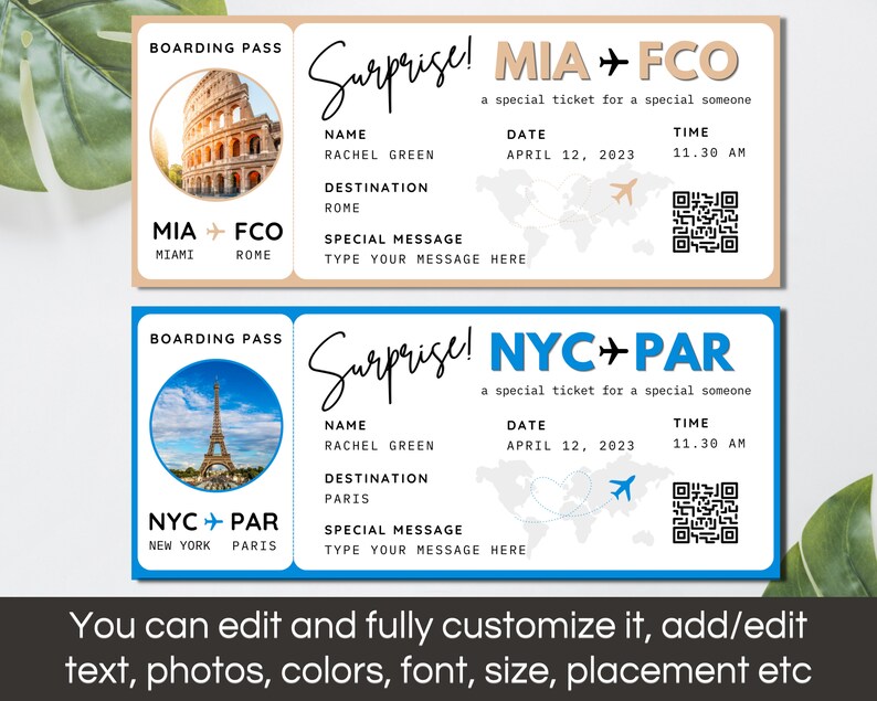 Editable Boarding Pass Template, Printable DIY Airline Tickets Surprise ...
