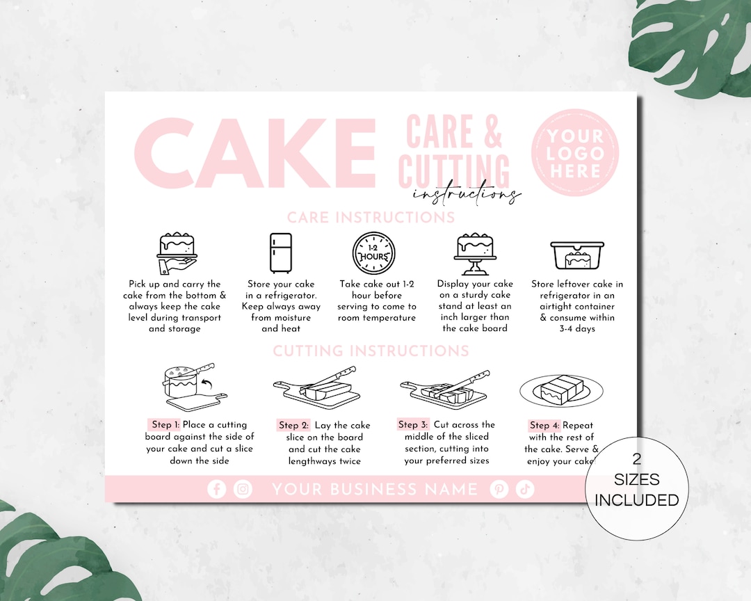 Cake Care Card, Printable Cake Cutting Instructions Guide, Editable ...