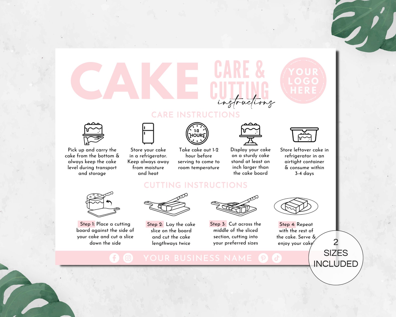 Cake Care Card, Printable Cake Cutting Instructions Guide, Editable ...