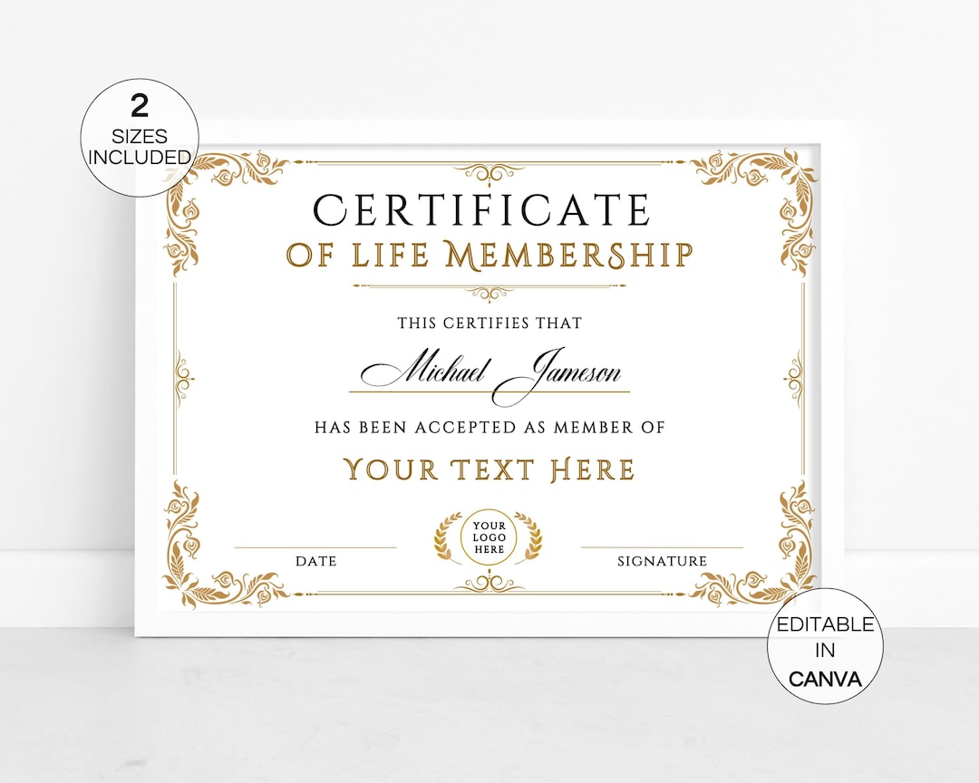 Certificate of Life Membership, Editable Life Membership Certificate ...