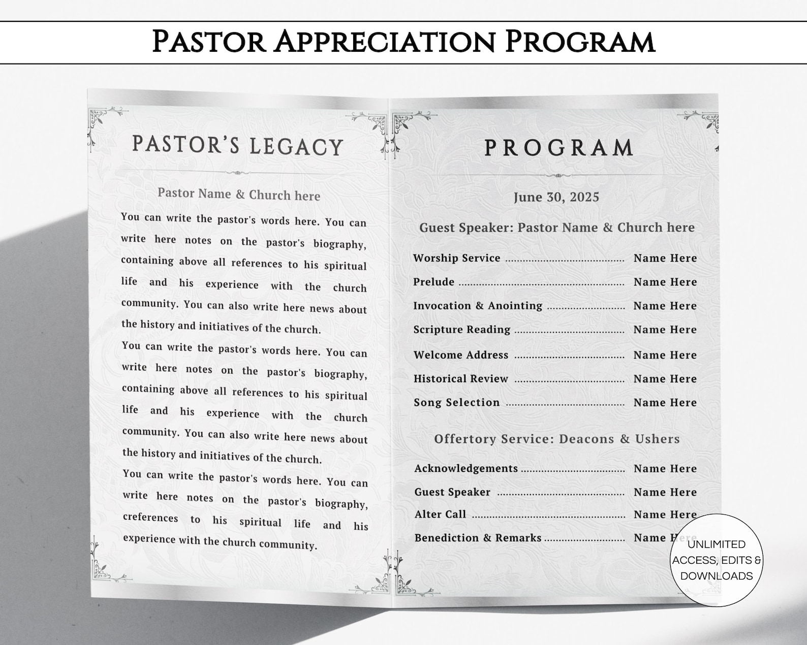 Pastor Appreciation Program Template, Editable Pastor Installation ...