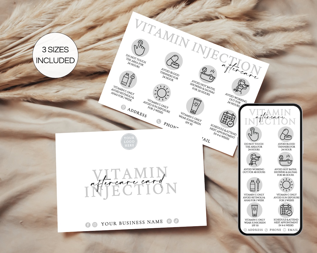 Vitamin Injection Aftercare Cards, Editable Vitamin C D3 B12 Injection ...