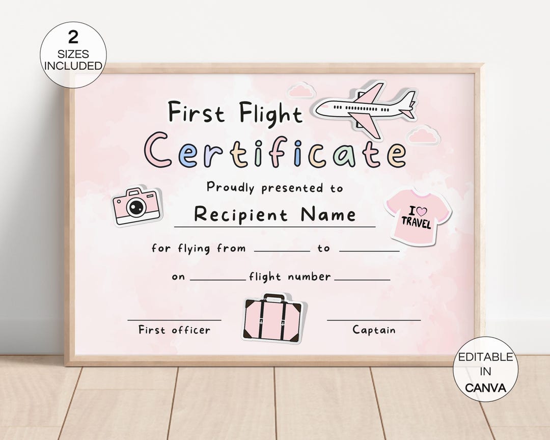 First Flight Certificate for Kids, Editable Toddler's First Flight ...