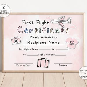 First Flight Certificate for Kids, Editable Toddler's First Flight ...