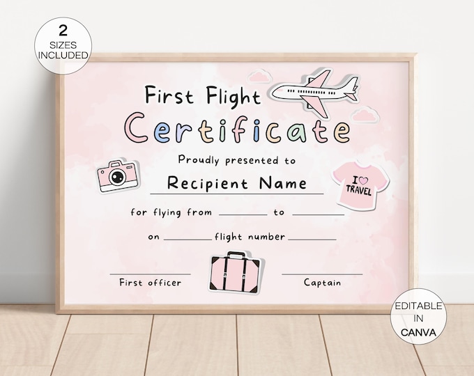 First Flight Certificate for Kids, Toddler's First Flight Award, First ...