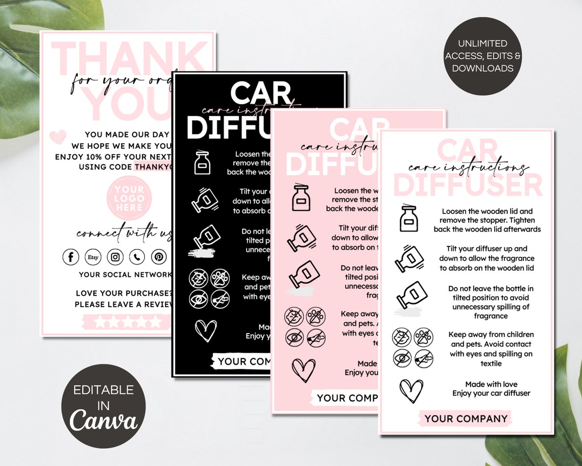 Editable Car Diffuser Care Card, Printable Car Diffuser Care Guide ...