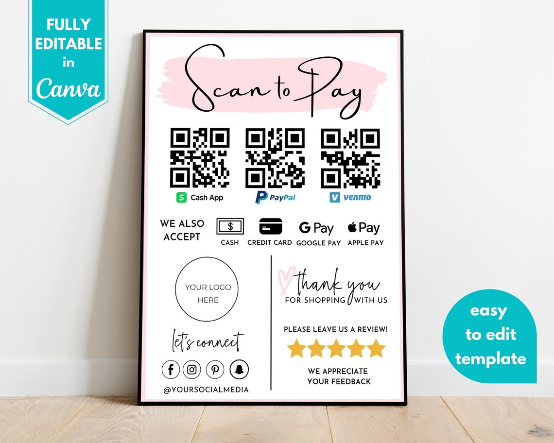 Editable QR Code Sign Canva Template Printable Scan to Pay - Etsy