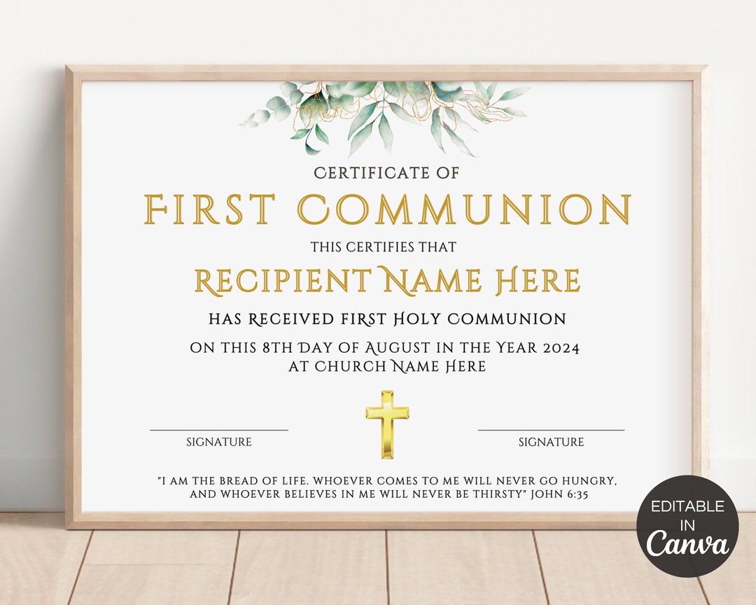 Certificado de Primera Comunión, Plantilla de Chirch editable ...