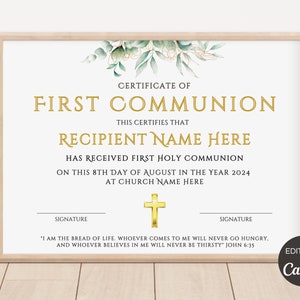 First Communion Certificate, Editable Chirch Template,printable First ...
