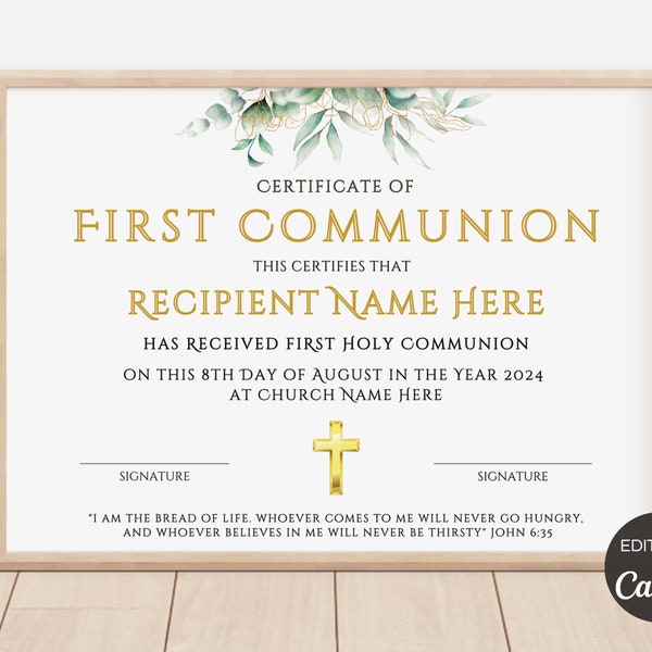 Holy Communion Certificate Template - Etsy