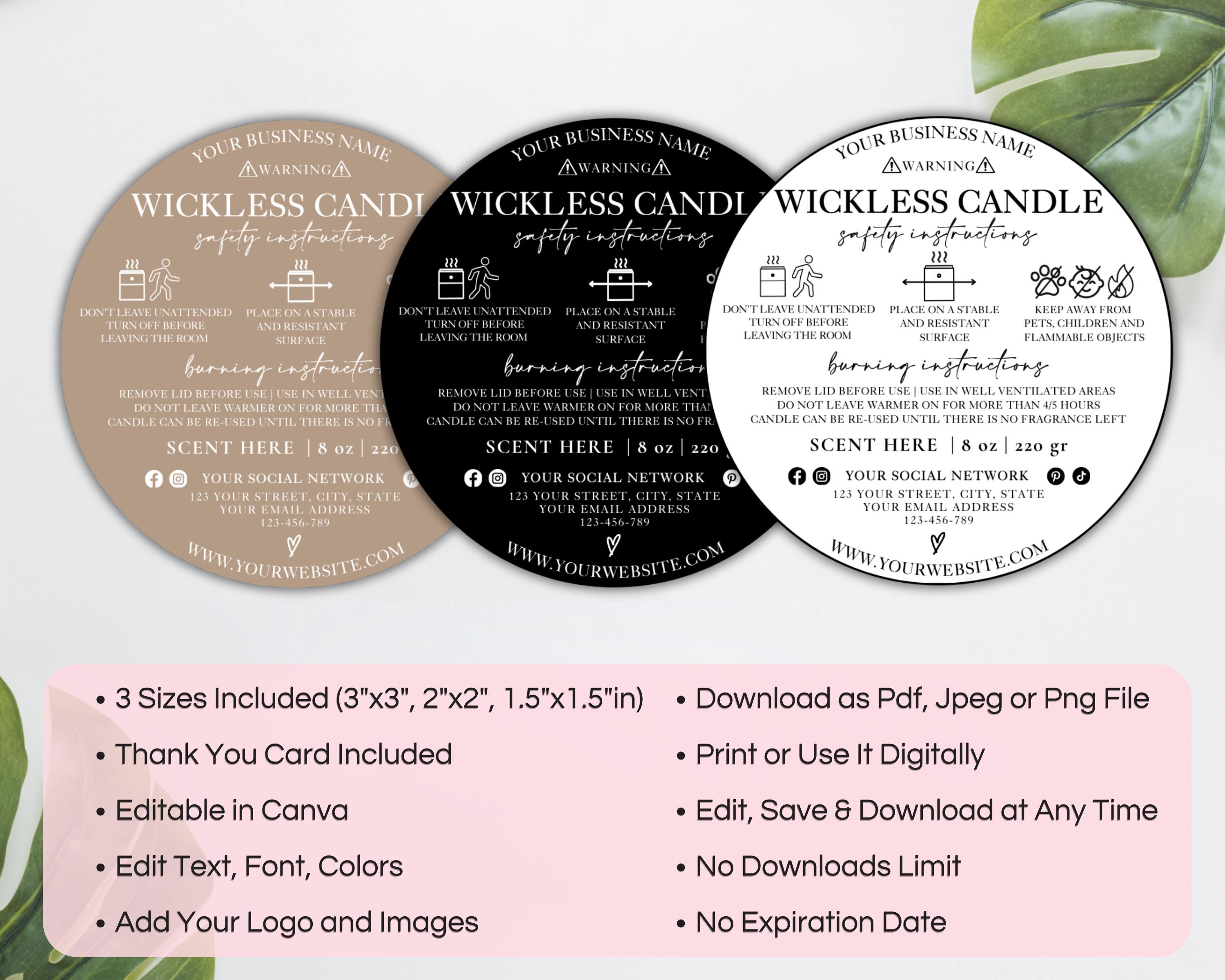 Wickless Candle Warning Label Template, Editable Candle Warning Sticker ...