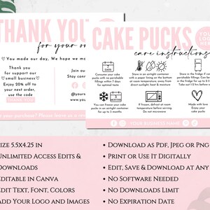 Editable Cake Pucks Care Card Template, Cake Treats Care Instructions ...