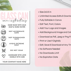 Glass Can Care Card Template, Editable Glass Cup Care Instructions ...