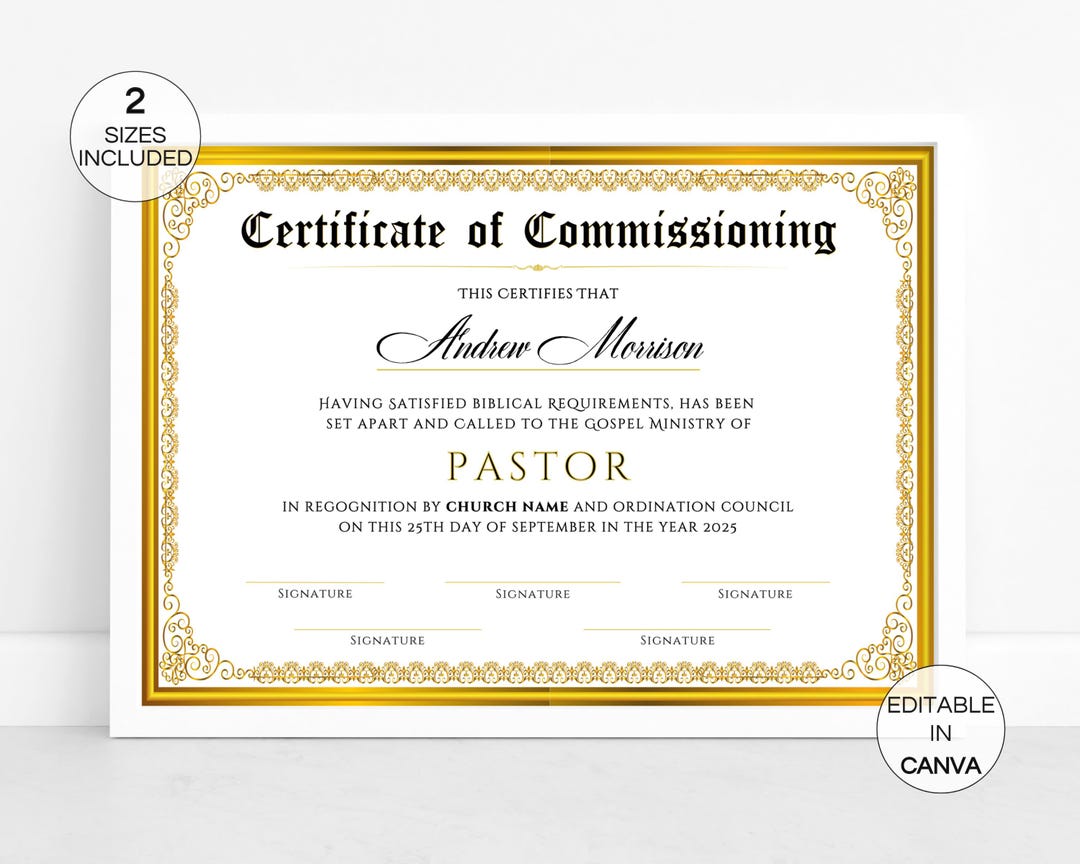 Certificate of Commissioning, Editable Pastor Commissioning Certificate ...