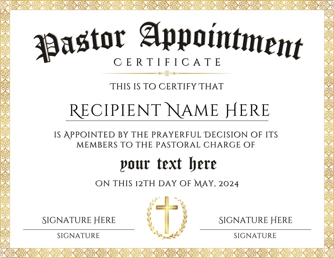 Pastor Appointment Certificate, Printable Certificates of Appointment ...