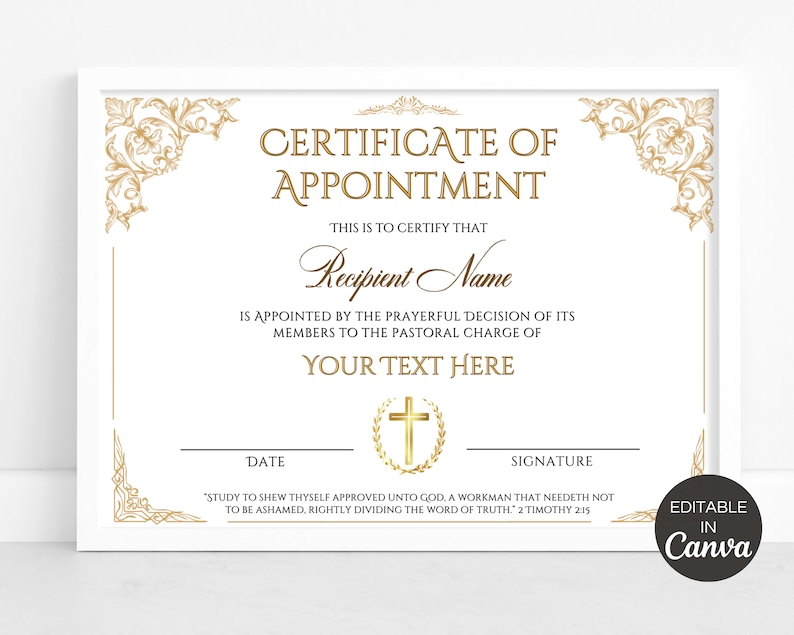 Editable Appointment Certificate, Printable Bishop Pastor Appointed ...