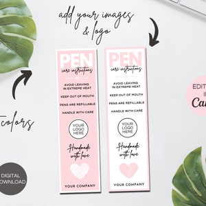 Pen Care Card Template, Editable Epoxy Pen Care Cards, Printable Gel ...