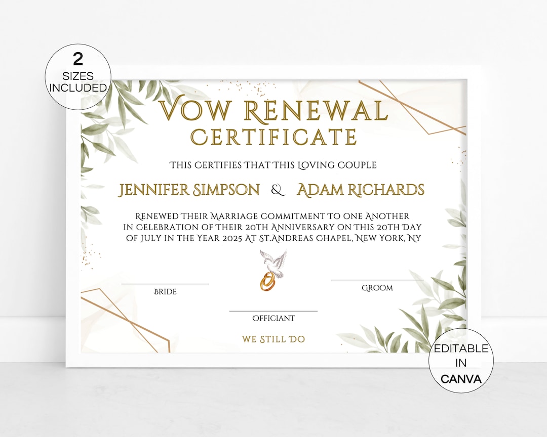 Vow Renewal Certificate, Editable Wedding Vows Renewal Certificate ...